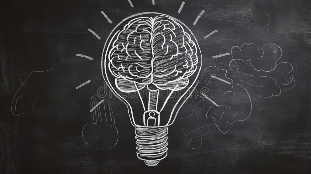 Chalk Drawing of a Brain Inside a Light Bulb on a Blackboard, Creative ...