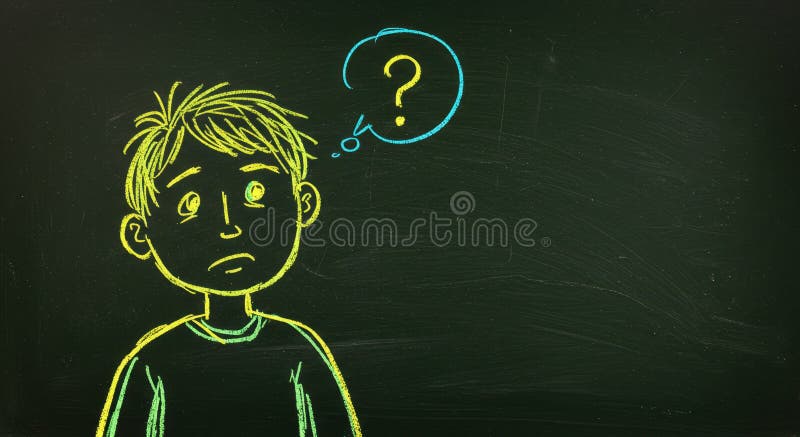 Chalk Drawing of Confused Child with Question Mark on Blackboard Stock ...