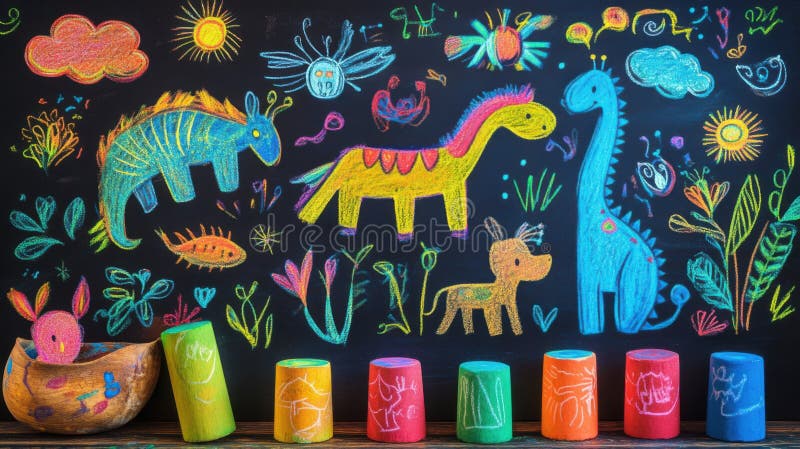 Chalk Drawing of a Diverse Group of Animals on a Blackboard in a ...
