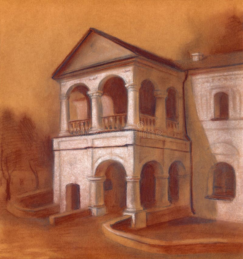 Chalk Drawing. Facade of an Ancient Building Stock Illustration ...