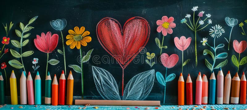 A Chalk Drawing of a Heart Surrounded by Colored Pencils Stock Image ...