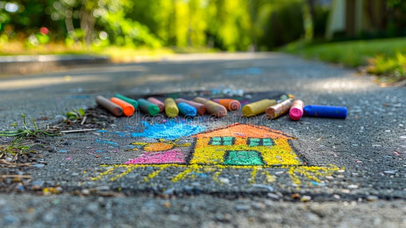 Chalk Drawing of a House on Pavement Stock Image - Image of chalk ...