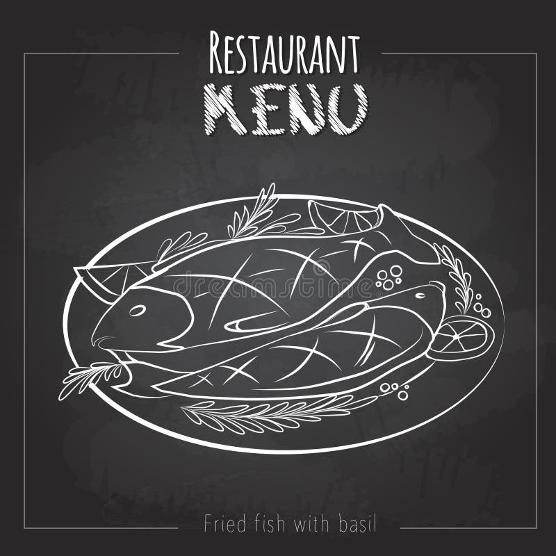 Chalk Drawing Menu Design. Fish Menu. Fried Fish with Basil Stock ...