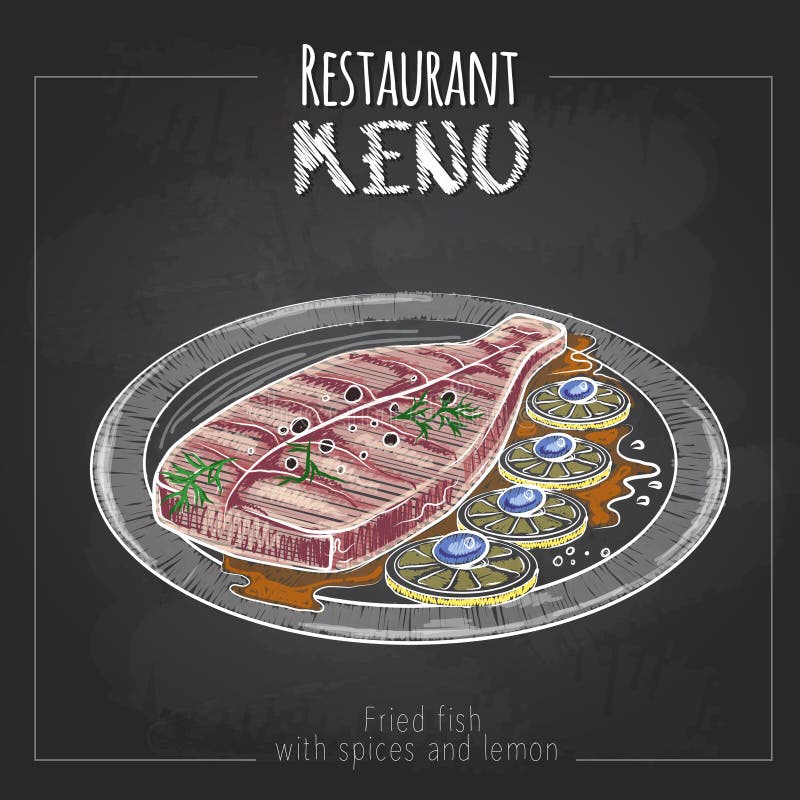 Chalk Drawing Menu Design. Fish Menu. Salmon with Lemon Stock Vector ...