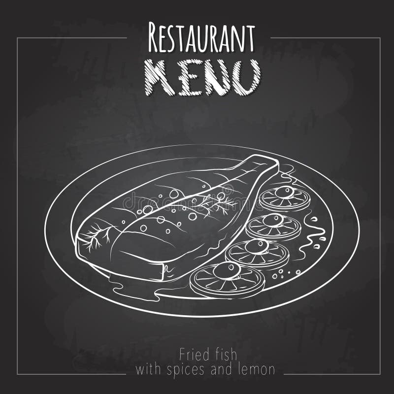 Chalk Drawing Menu Design. Fish Menu. Fried Fish with Lemon Stock ...