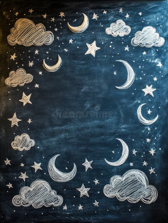Chalk Drawing of Moon, Stars, and Clouds on a Blackboard. Stock Photo ...