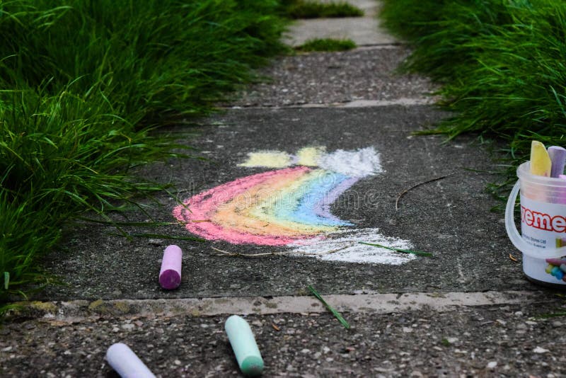 Chalk drawing on path stock photo. Image of chalk, rainbow - 98594398