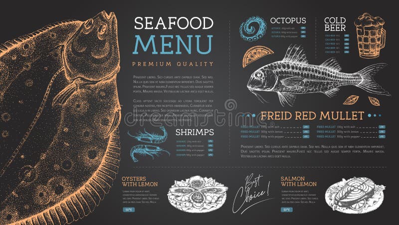 Chalk Drawing Seafood Restaurant Menu Design with Hand Drawing Fish ...