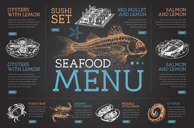 Chalk Drawing Seafood Restaurant Menu Design with Hand Drawing Fish ...