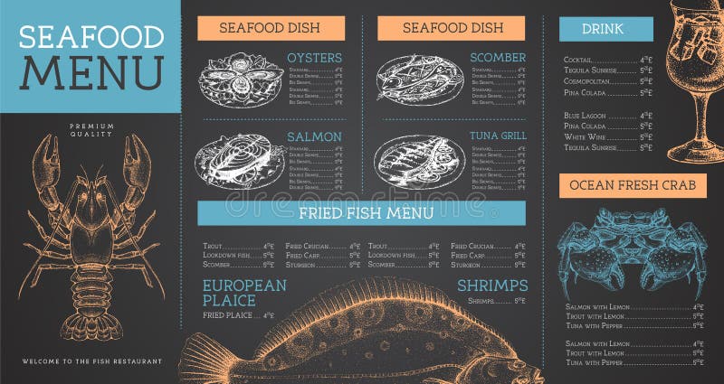 Chalk Drawing Seafood Restaurant Menu Design with Hand Drawing Fish ...