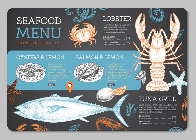 Chalk Drawing Seafood Restaurant Menu Design with Hand Drawing Fish ...