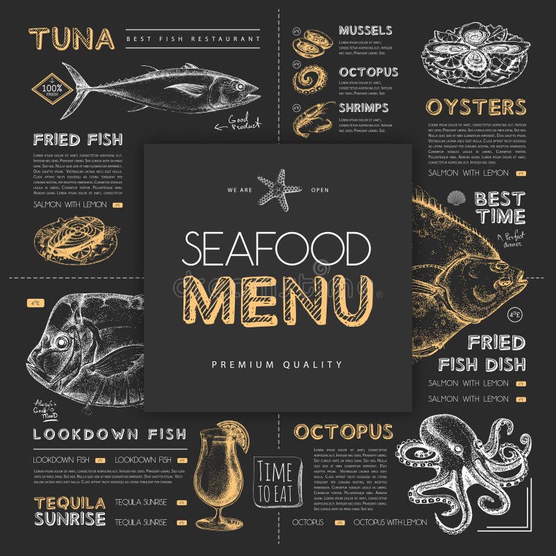Chalk Drawing Seafood Restaurant Menu Design with Hand Drawing Fish ...