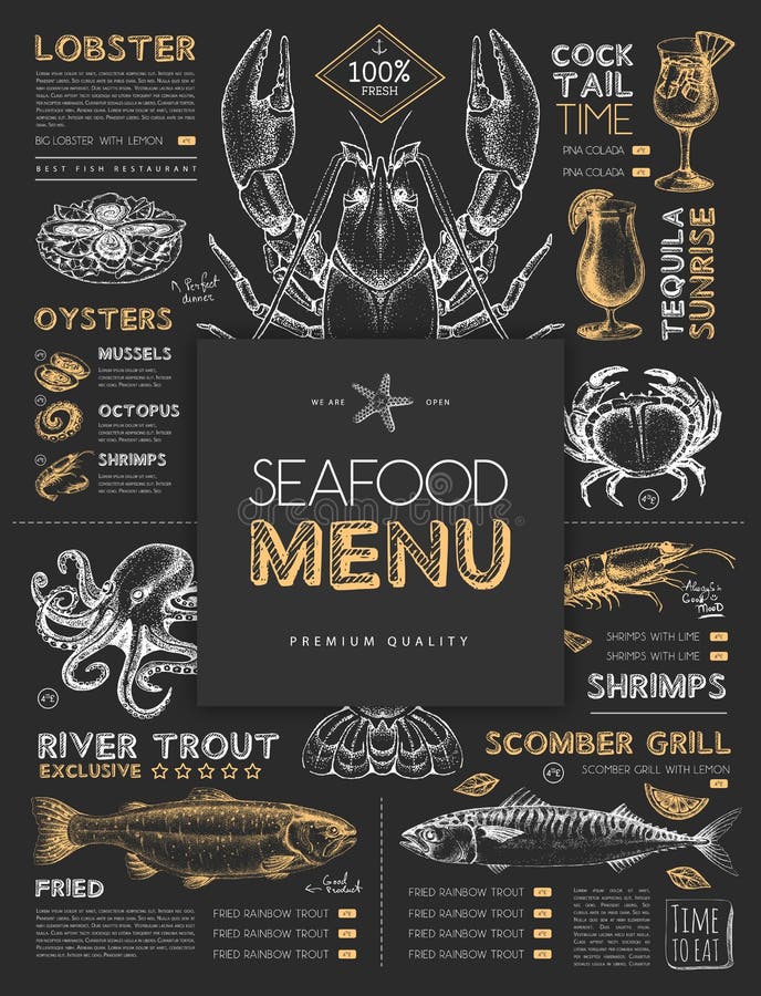 Chalk Drawing Seafood Restaurant Menu Design with Hand Drawing Fish ...