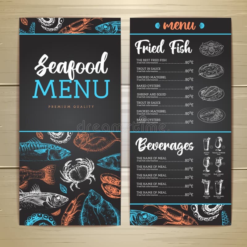 Chalk Drawing Seafood Restaurant Menu Design with Hand Drawing Fish ...