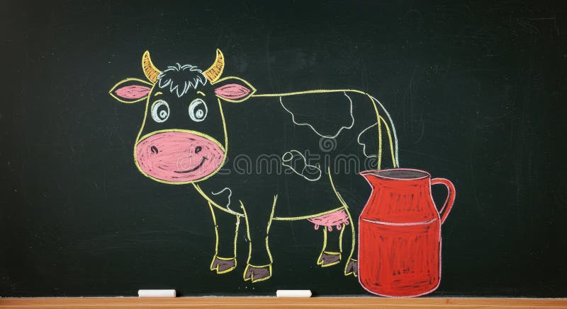 Chalk Drawing of a Smiling Cow with a Milk Jug on Blackboard Stock ...