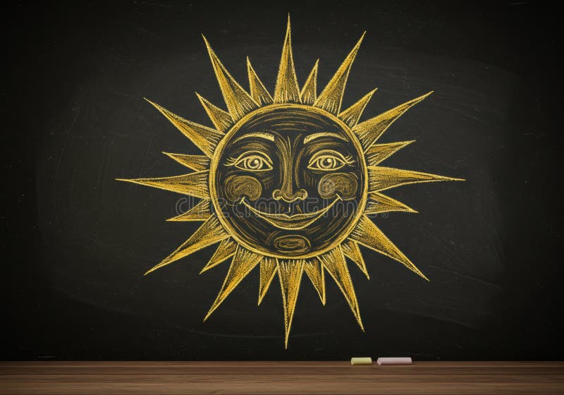 Chalk Drawing of Smiling Sun with Rays on Blackboard Background Stock ...