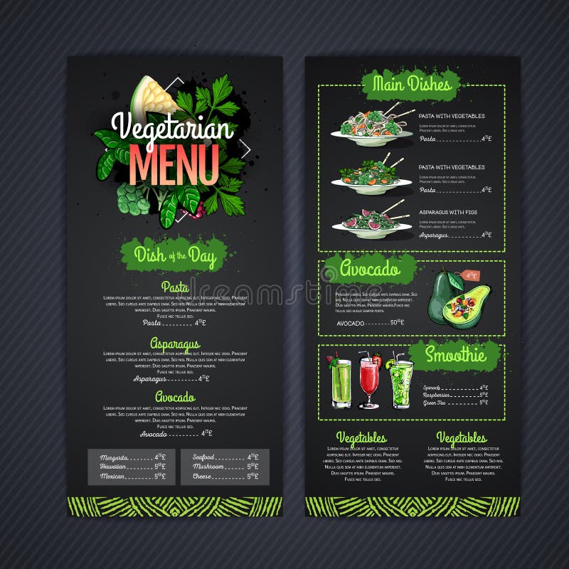 Chalk Drawing Vegetarian Menu Design with Vegan Meals. Restaurant Menu ...