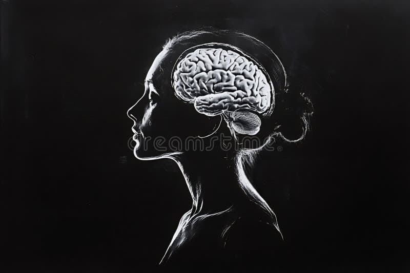 Chalk Drawing of Woman Silhouette Showing Brain on Blackboard Stock ...