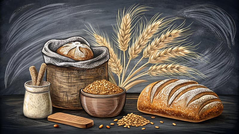 Chalk Drawn Breads, Flour Bag and Wheatears on Black Chalkboard. Vector ...