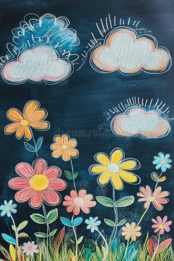 Chalk Flowers and Clouds stock image. Image of illustrations - 380806239