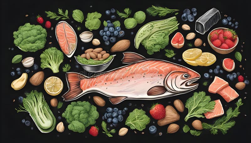 Chalk Hand Drawn Brain with Assorted Food, Food for Brain Health and ...