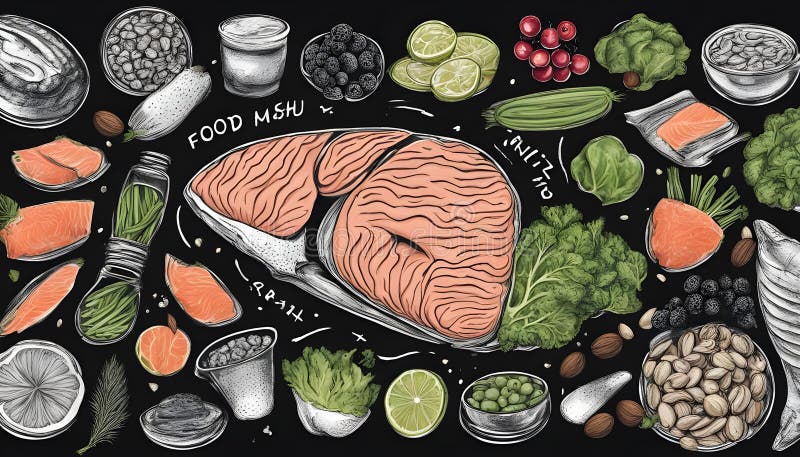 Chalk Hand Drawn Brain with Assorted Food, Food for Brain Health and ...