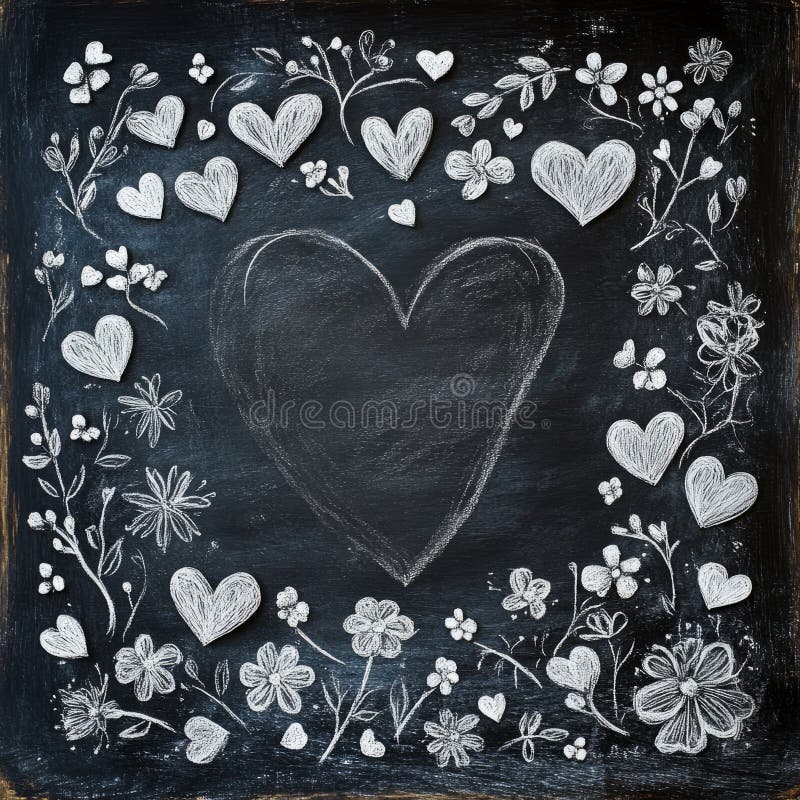 Chalk Heart and Flowers on a Chalkboard in a Decorative Frame. Stock Image - Image of border ...