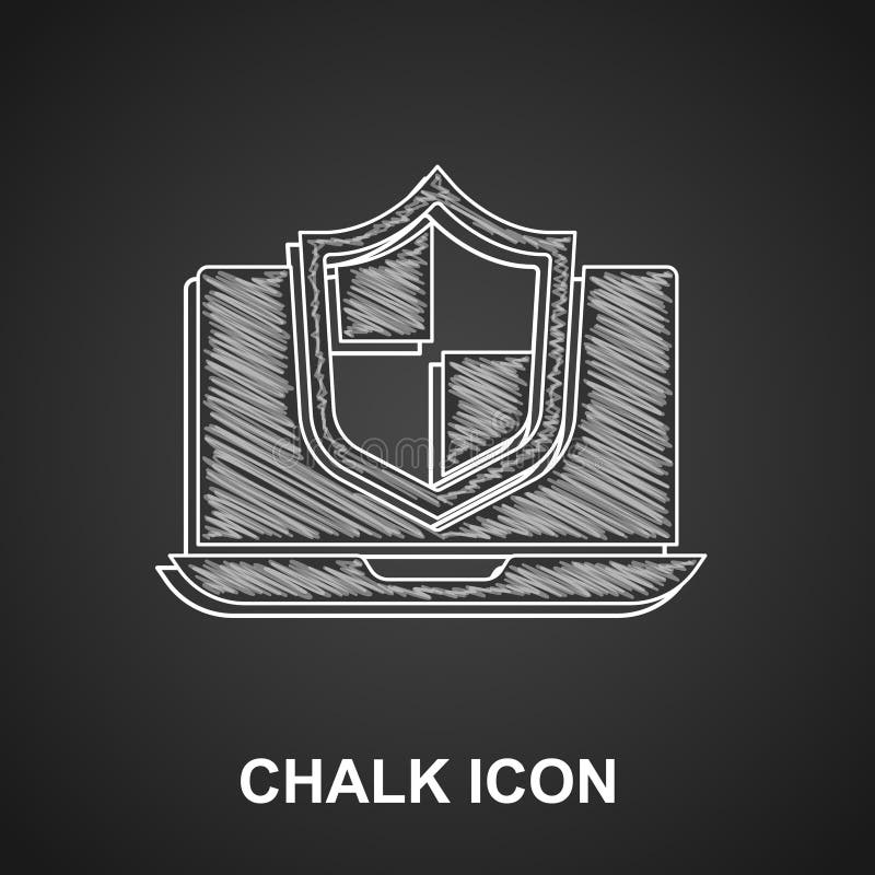 Chalk Laptop Protected with Shield Icon Isolated on Black Background ...
