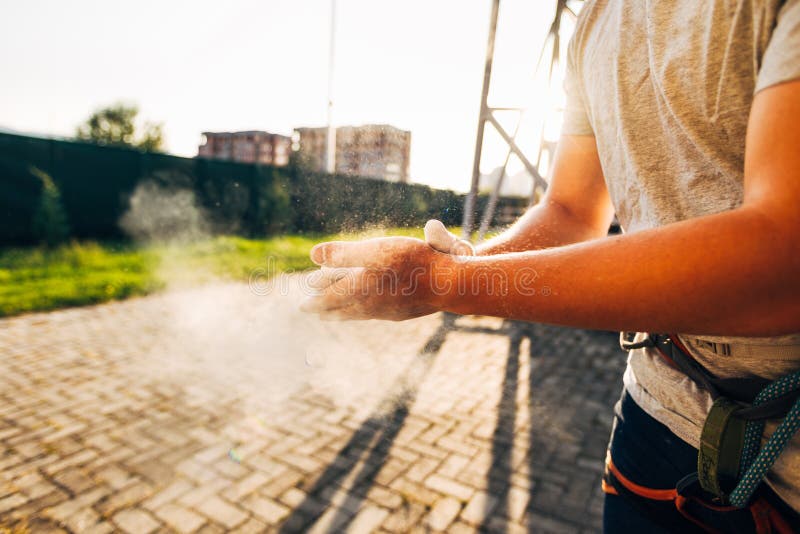Man Climber Coating Hands in Chalk Stock Image - Image of artificial ...