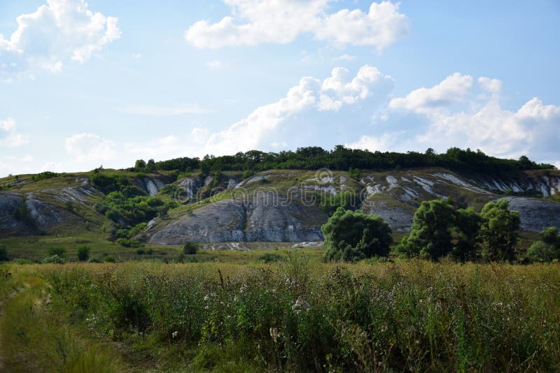 Chalk Mountains Surrounded by Forests and Fields in the Kharkiv Region ...