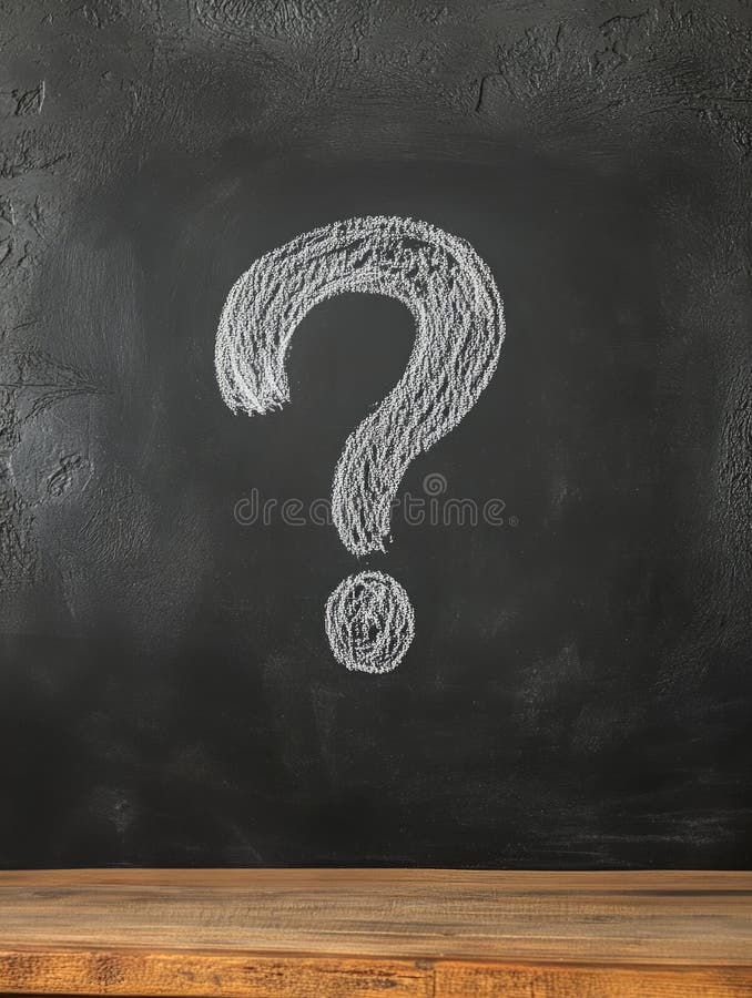 Chalk Question Mark on Blackboard with Wooden Desk Below. Stock Photo ...