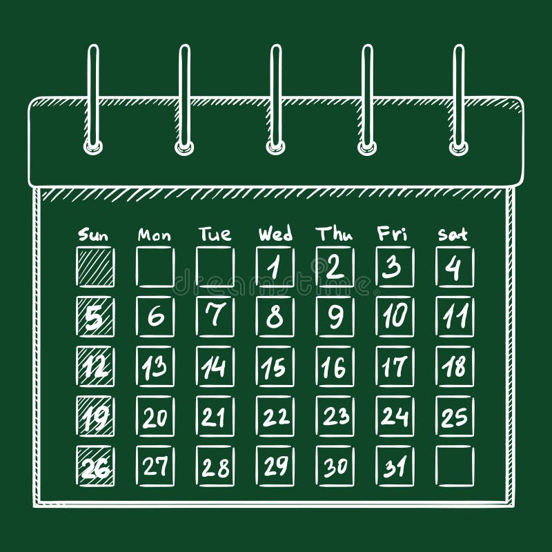 Chalk Sketch Calendar with Dates and Weekdays. Vector Illustration ...