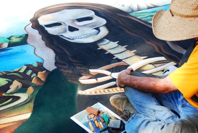 Chalk Street Art of Skeleton with Artist Editorial Photography - Image ...