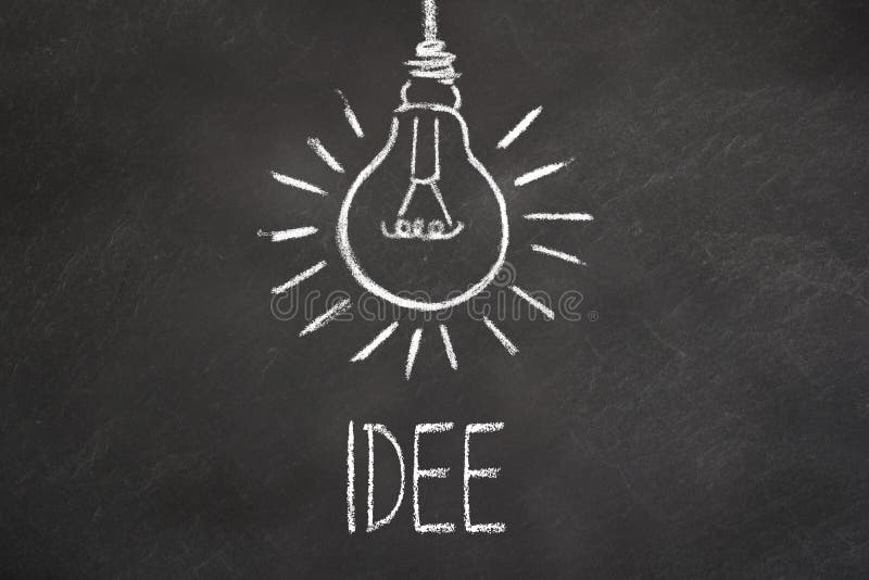 Chalk Text `Idee` and Lightbulb on Chalkboard. Translation: `Idea ...