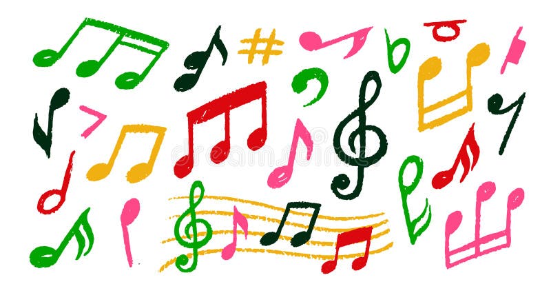 Chalk Textured Music Notes Set. School Paintbrush Doodle Icons with ...