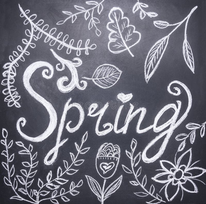 Chalk Writing on the Spring Board, Painted Branches, Plants, Leaves ...