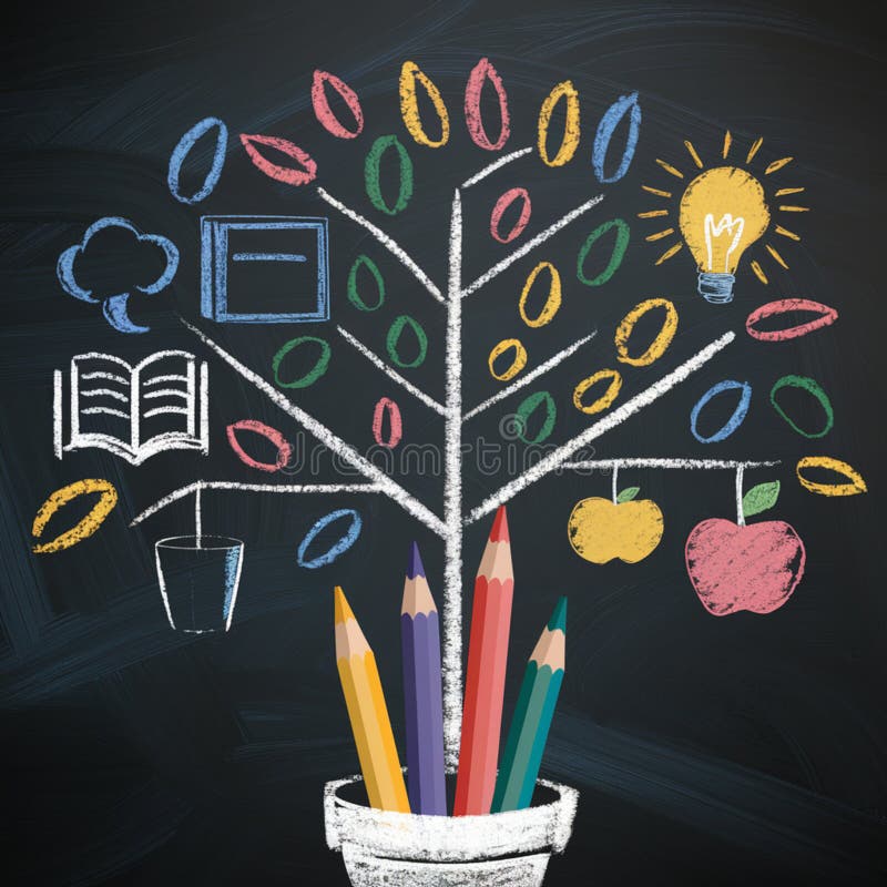 Chalkboard Tree with Educational Symbols and Colored Pencils Sprouting ...