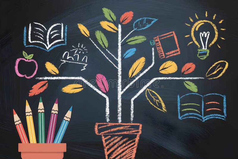 Chalkboard Tree with Educational Symbols and Colored Pencils Sprouting ...
