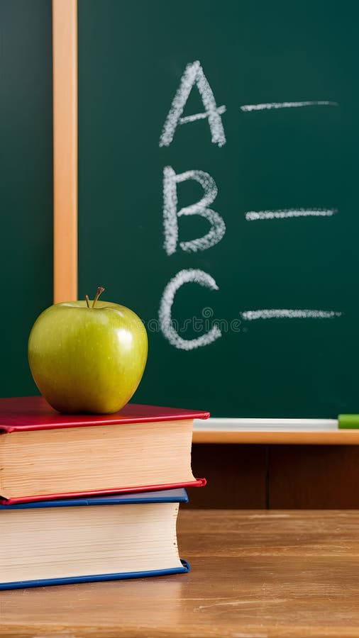 Chalkboard with Books and Apple Classic Educational Essentials Stock ...