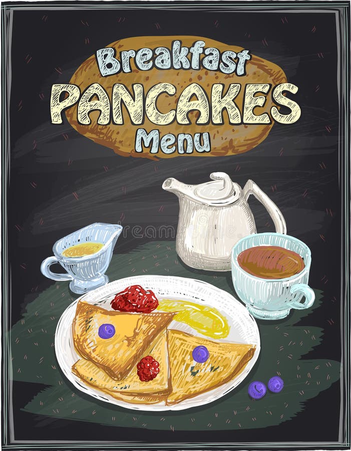 Chalkboard Breakfast Menu Design with Pancakes, Cup of Tea Stock Vector ...
