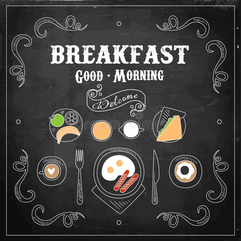 Breakfast Menu on the Chalkboard Stock Vector - Illustration of drawing ...
