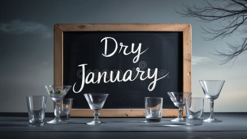 Chalkboard Caption Dry January with Empty Drinking Glasses, Set Against ...