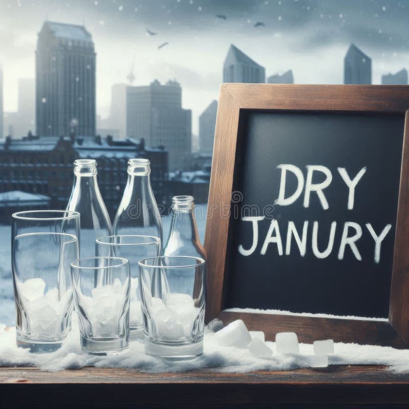 Chalkboard Caption Dry January with Empty Drinking Glasses, Set Against ...