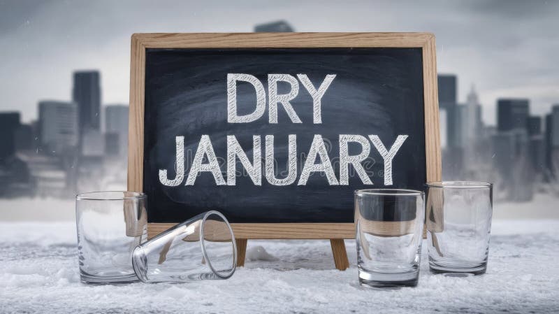 Chalkboard Caption Dry January with Empty Drinking Glasses, Set Against ...
