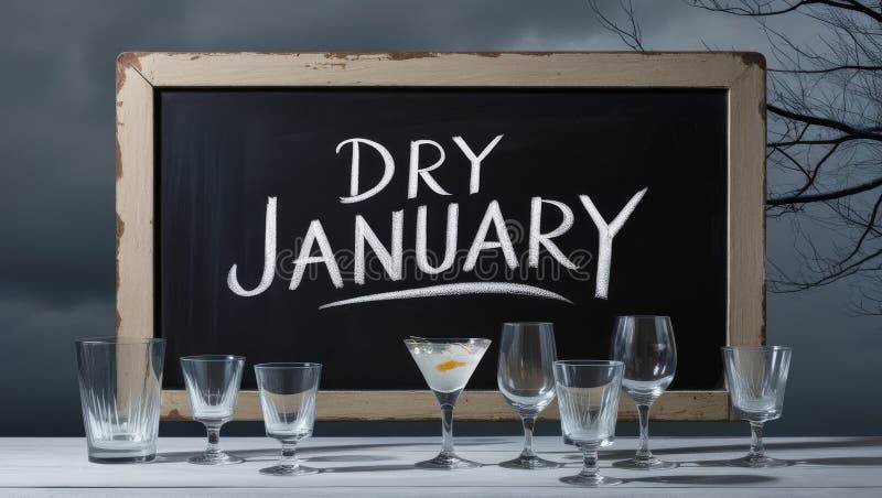Chalkboard Caption Dry January with Empty Drinking Glasses, Set Against ...