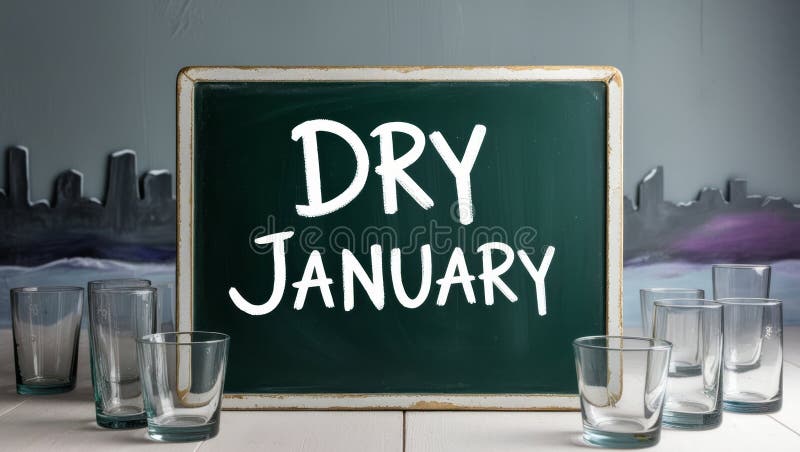 Chalkboard Caption Dry January with Empty Drinking Glasses, Set Against ...