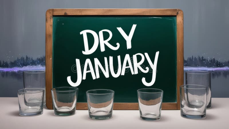 Chalkboard Caption Dry January with Empty Drinking Glasses, Set Against ...