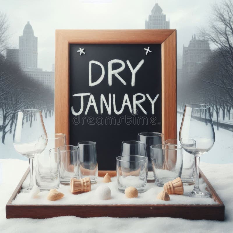 Chalkboard Caption Dry January with Empty Drinking Glasses, Set Against ...