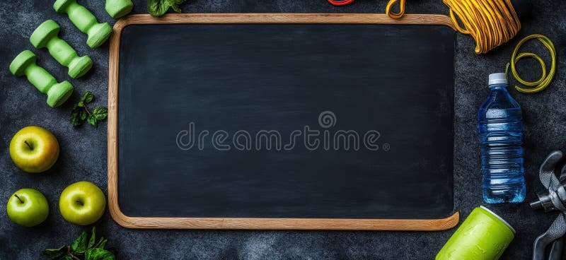 A Chalkboard with a Circle of Various Exercise Equipment Stock Photo ...