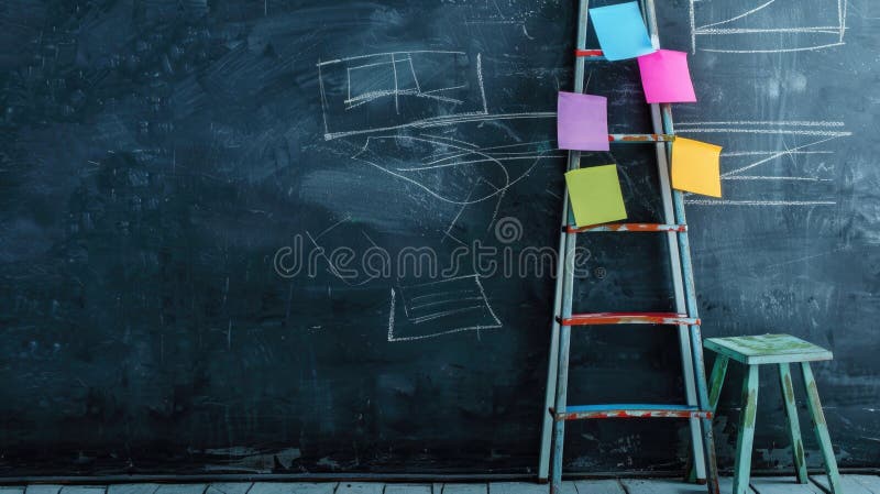 A Chalkboard with Colorful Post-it Notes and a Ladder Leaning Against ...